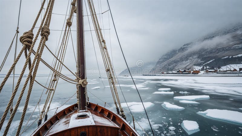 Sharp Wind Stirs Ropes on Mast As Boat Rocks Gently in Icy Harbor Slip ...