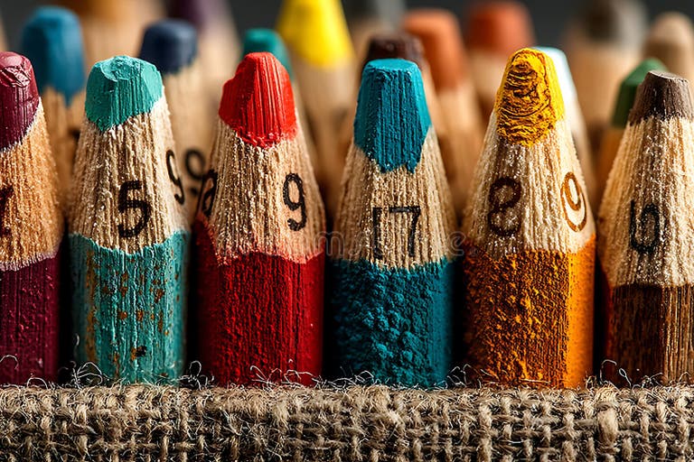 Sharpened Colored Pencils Arranged Vertically, Tips Facing Upward, with ...