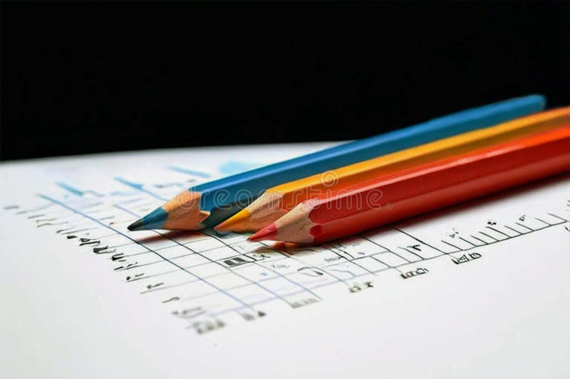 Sharpened Colored Pencils and Sheets of Notes, Diagrams, Forms Lie on a ...