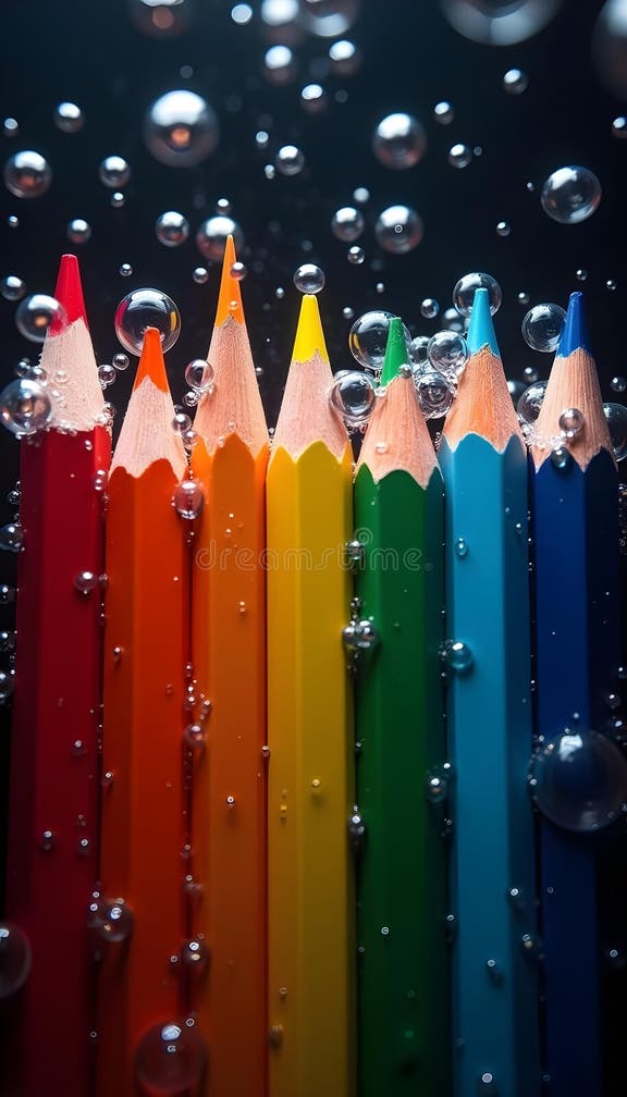 Sharpened Colored Pencils Submerged in Water Bubbles and Drawing Tools ...