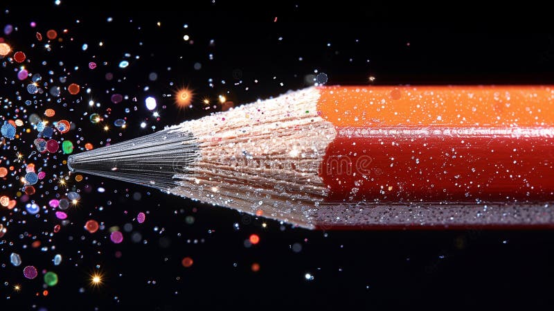 A Sharpened Red Pencil Tip Surrounded by Colorful Glitter Particles on ...