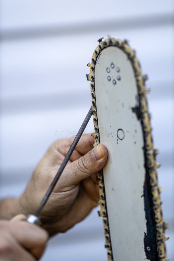 Sharpening a chainsaw stock image. Image of concept - 162269727