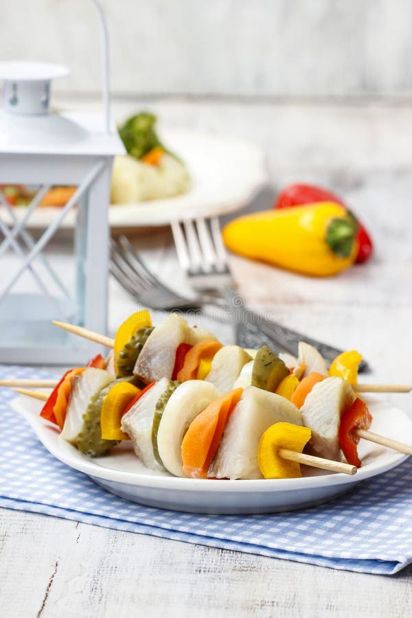 Shashlik Made of Fish and Vegetables Stock Photo - Image of barbeque ...