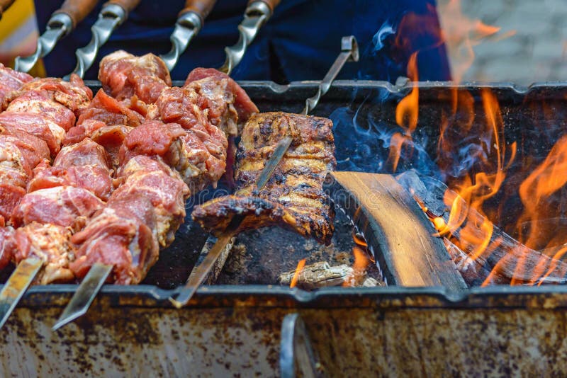 Shashlik and Ribs on the Brazier Stock Photo - Image of fire, beef ...