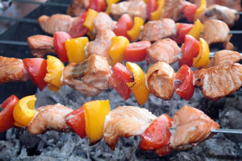 Shashlik with Salmon, Pepper and Tomato Stock Photo - Image of kebab ...