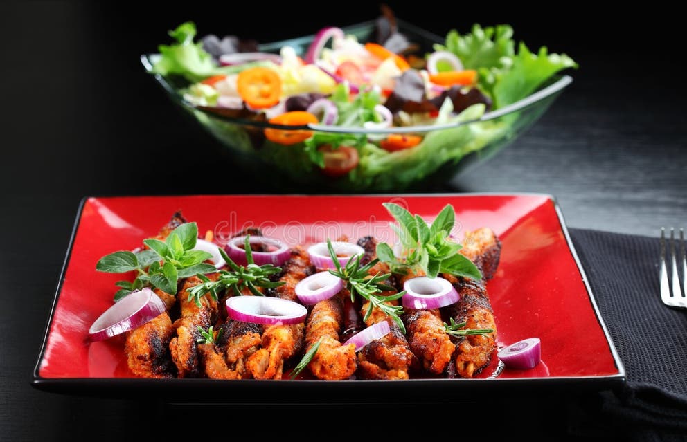 Shashlik with Vegetable Salad Stock Image - Image of lettuce, roasted ...