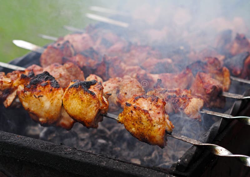 Fresh Shashlyk Meat on Skewers Over the Fire. Stock Photo - Image of ...