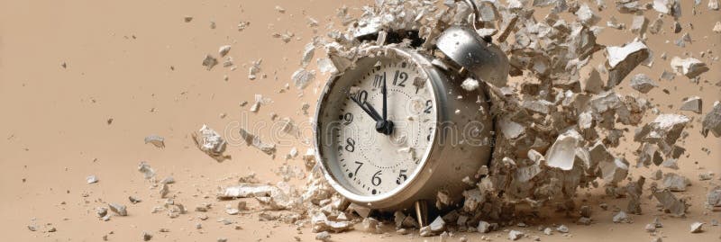Shattered Alarm Clock Exploding into Anxious Words Against a Soft Beige ...