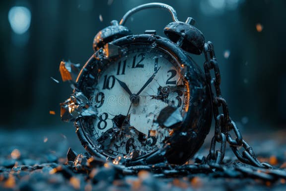 A Shattered Alarm Clock Symbolizing Lost Time among Broken Chains in ...