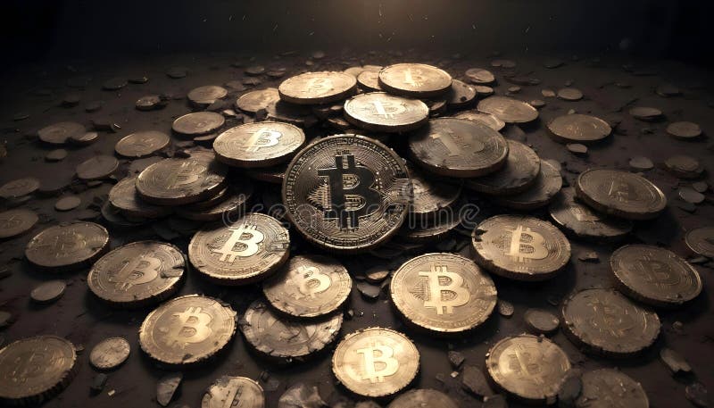 Shattered Broken Bitcoin Coins Becoming Dust Representing Loss of Value ...
