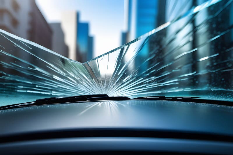 Shattered Car Windshield from Inside Vehicle with Blurred Cityscape in ...
