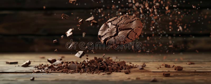 Shattered Chocolate Cookie in Mid-air with Crumbs and Pieces Scattering ...