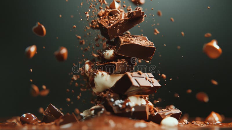 Shattered Chocolate Pieces Falling on Dark Background Stock ...