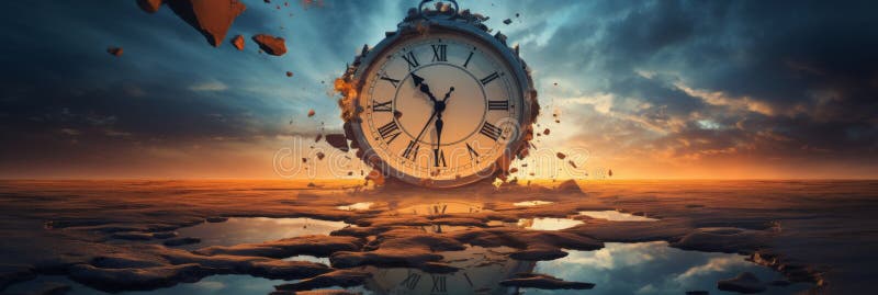 Shattered Clock in Desolate Landscape at Sunset. Exploding Clock, Time ...