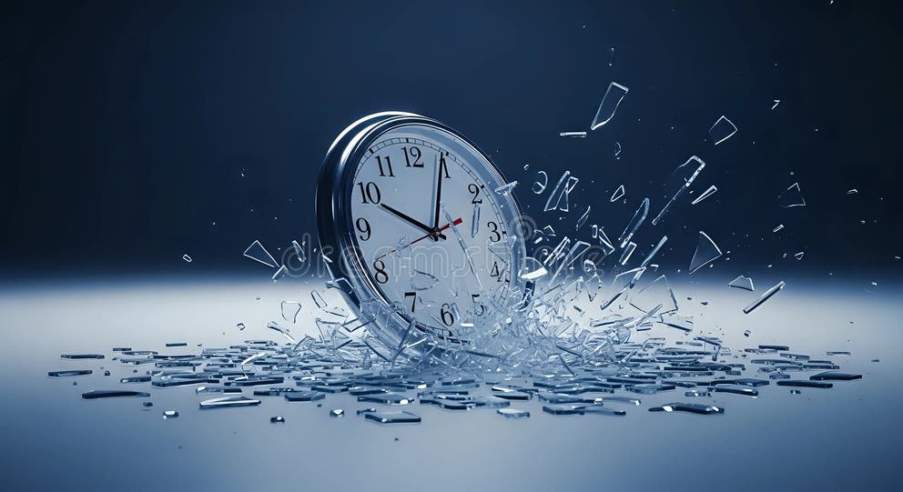 Shattered Clock Exploding Glass on Dark Blue Background Urgent Time ...