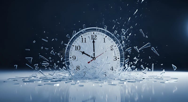 Shattered Clock with Flying Glass Shards on Dark Background Stock ...