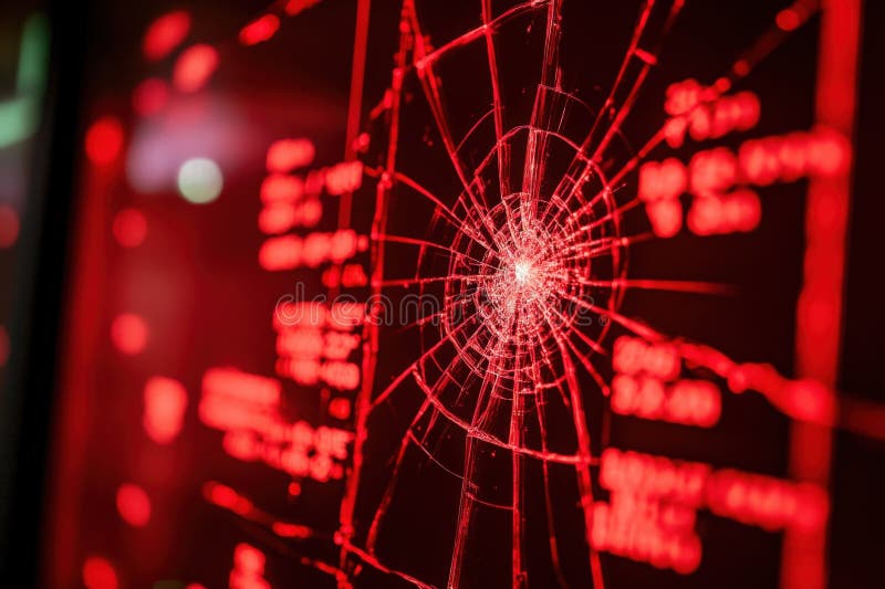 A Shattered Computer Screen Glowing in Red with Intricate Crack ...