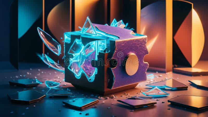 Shattered Cube Abstract 3D Render, Neon Glow, High Quality Image Stock ...
