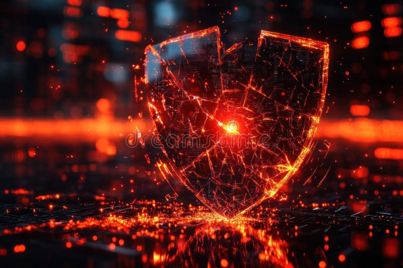 A Shattered Digital Shield with Bright Red Cracks Glows Against Dark ...