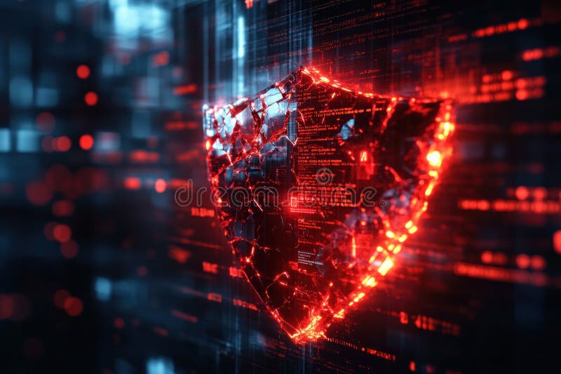 A Shattered Digital Shield with Bright Red Cracks Symbolizes ...