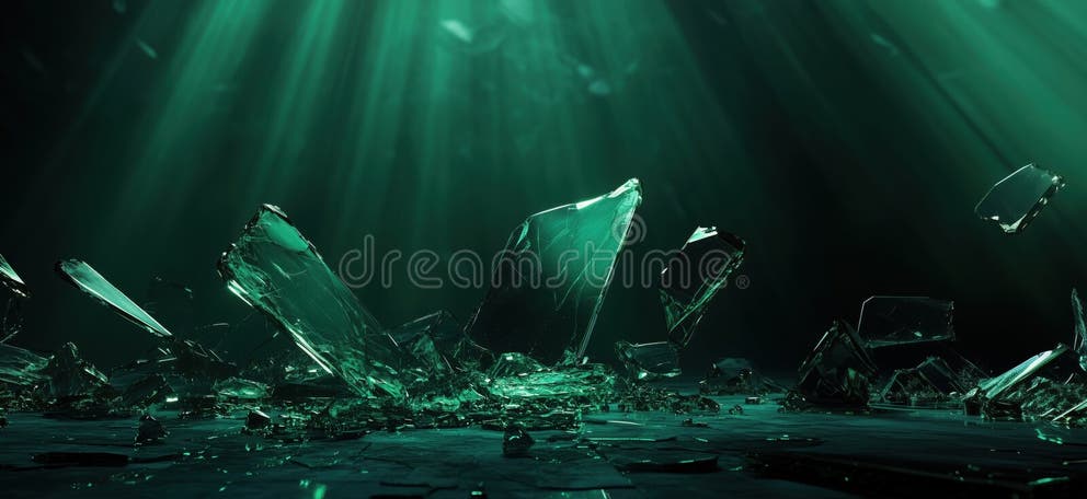 Shattered Emerald Glass Pieces Illuminated by Dramatic Lighting Effects ...