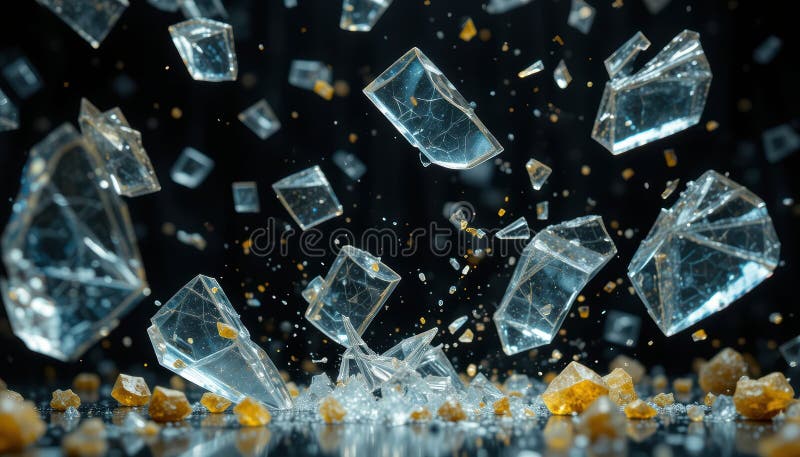 Shattered Glass Crystals Falling with Golden Rocks on Dark Background ...
