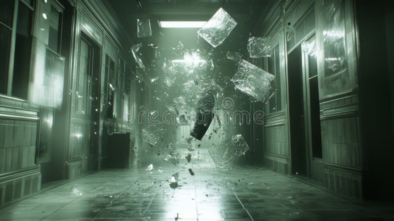 Shattered Glass Cubes Falling in Dark Green Hallway Stock Illustration ...