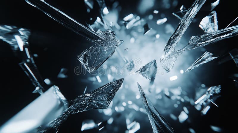 Shattered Glass Exploding in Sharp Fragments on Dark Background Stock ...