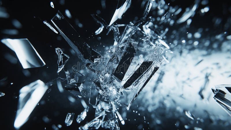 Shattered Glass Exploding in Sharp Fragments on Dark Background Stock ...