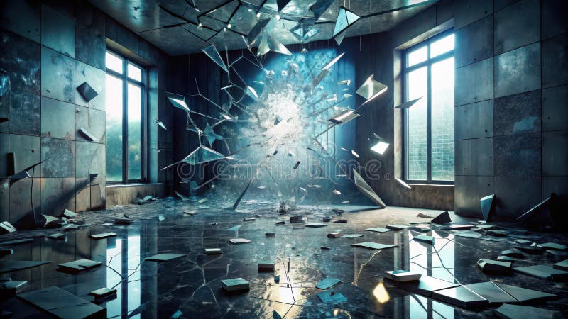 Shattered Glass Explosion in an Abandoned Room with Sunlit Windows ...