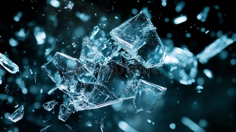 Shattered Glass Flying in Mid-Air with Sharp Fragments and Blue Light ...