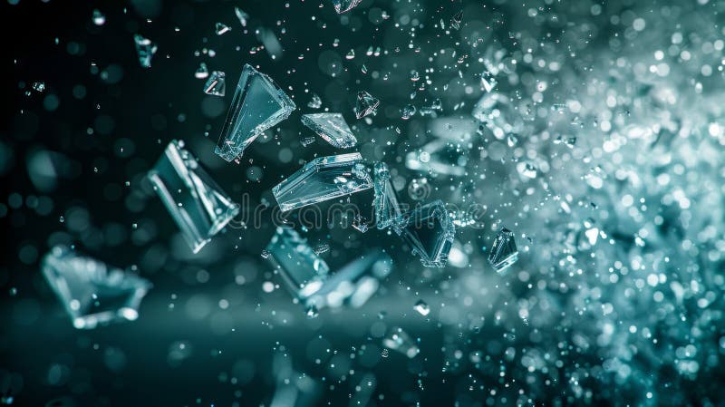 Shattered Glass Fragments in Abstract Green Light with Sparkling Dust ...