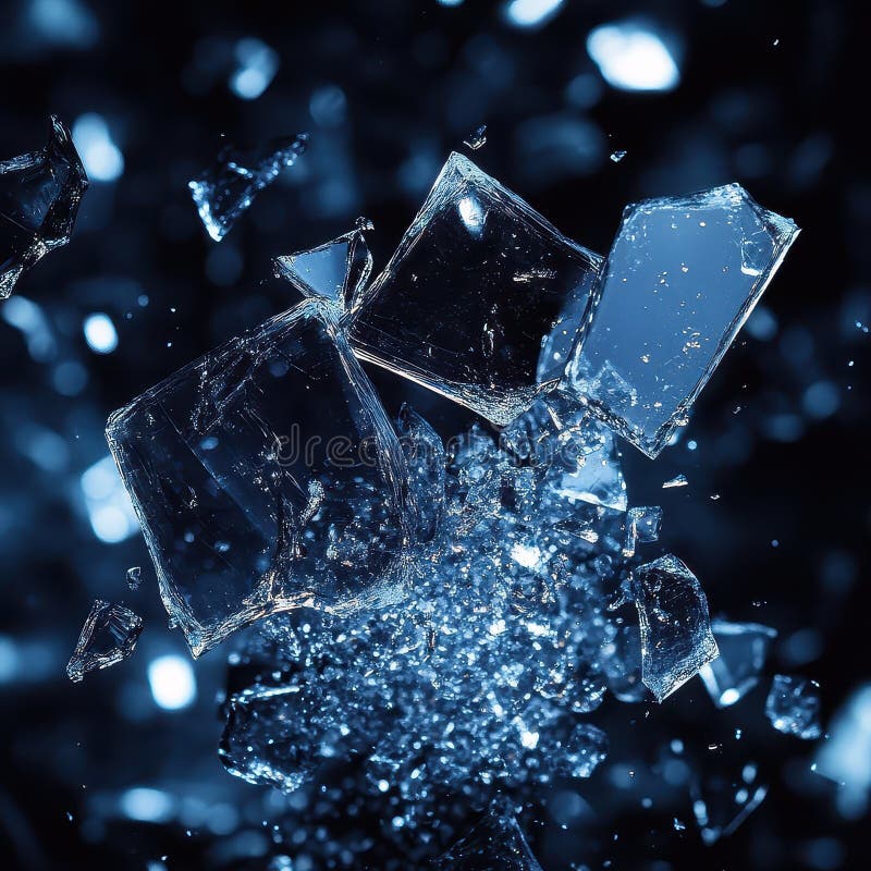 Shattered Glass Fragments on Dark Background with Blue Lights Stock ...