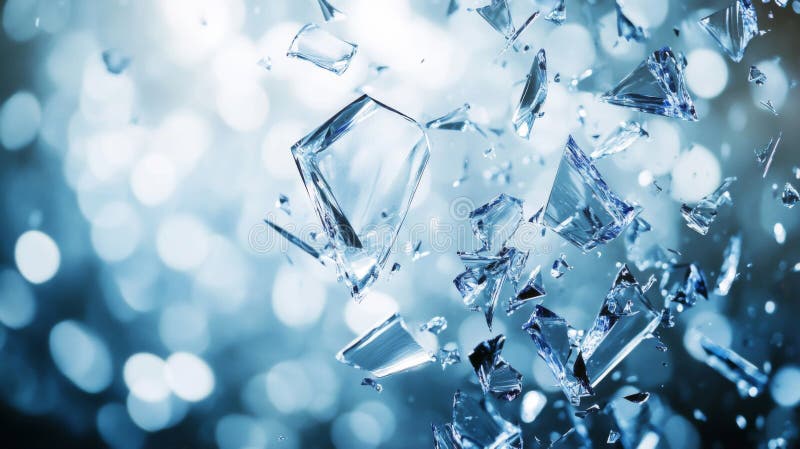 Shattered Glass Fragments Falling through Blue Blurred Background Stock ...