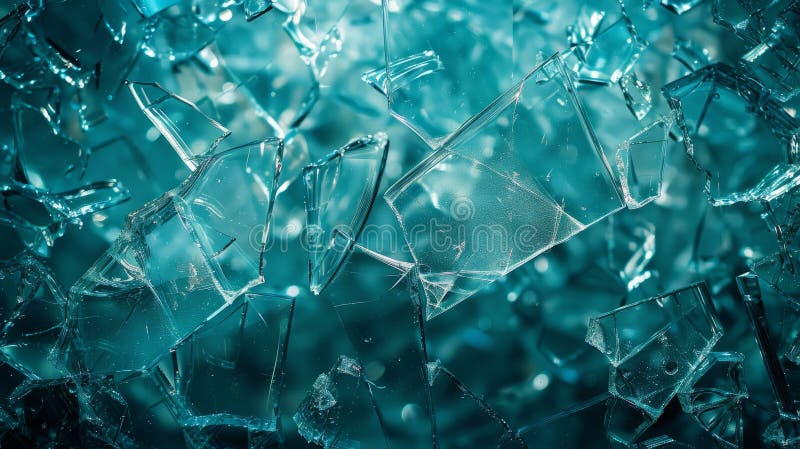 Shattered Glass Fragments Illuminated by Soft Blue Light in an Abstract ...