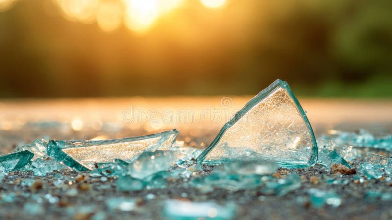 Shattered Glass Fragments on Road at Sunset Stock Illustration ...