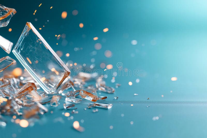 Shattered Glass Fragments Scattered on Blue Surface Reflecting Light ...