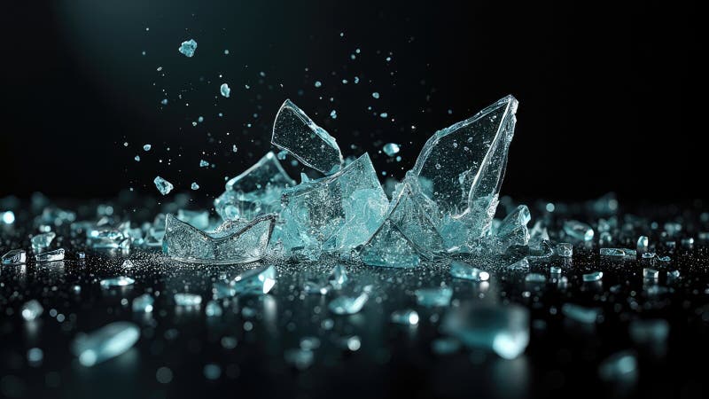 Shattered Glass Fragments Scattering Across a Dark Surface, Creating a ...