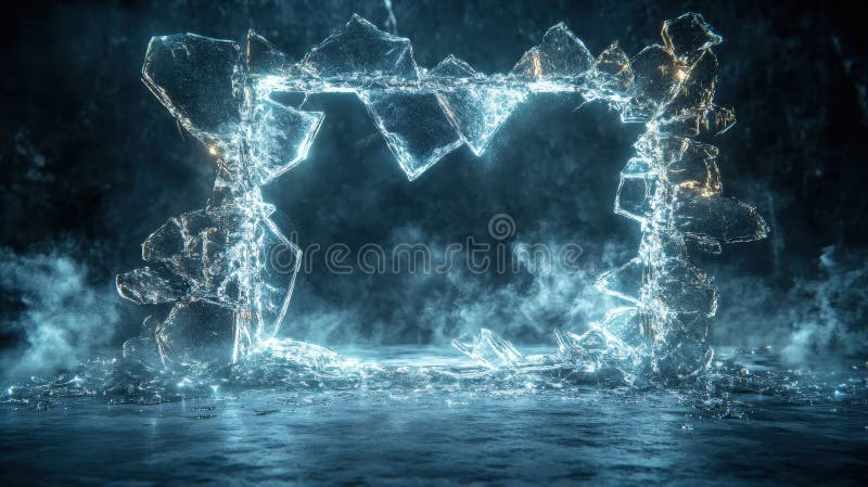 Shattered Glass Frame Surrounded by Mist in a Darkened Environment ...