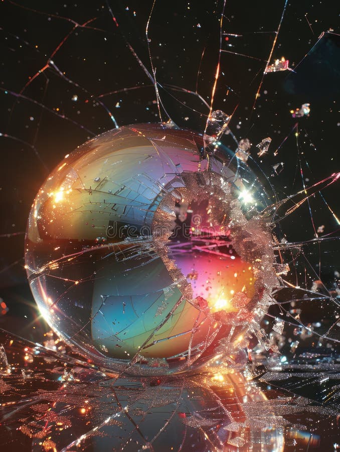 Shattered Glass Globe with Colorful Reflections on a Dark Background ...