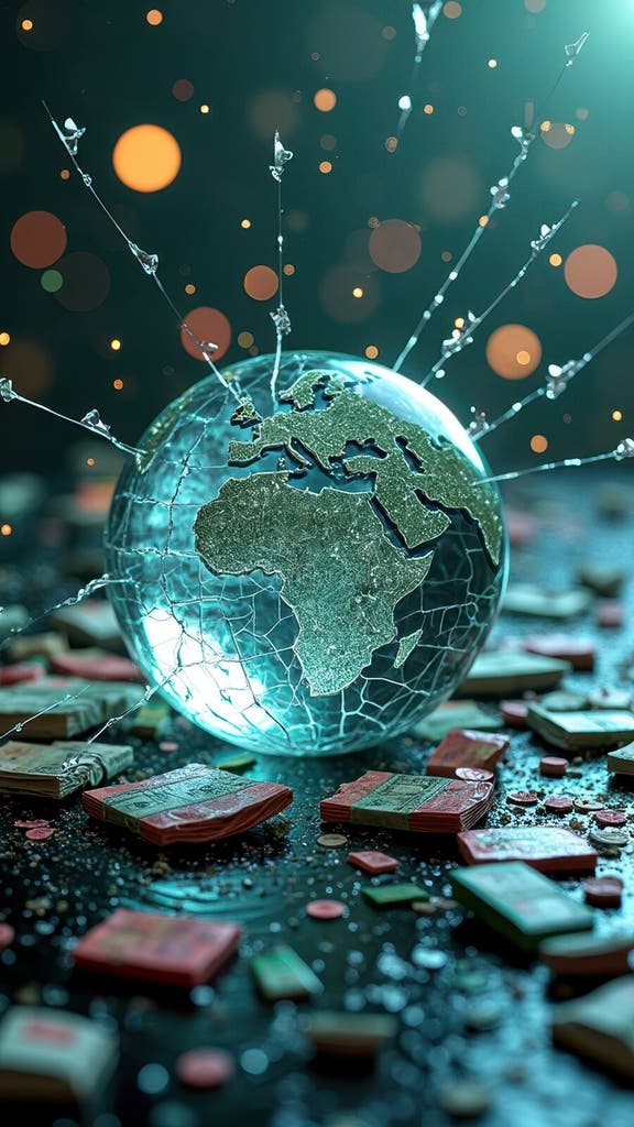 Shattered Glass Globe with Splash Effects Surrounded by Scattered Books ...