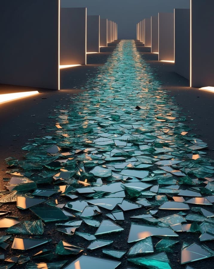 Shattered Glass Illuminated Beneath the Pathway Lights. Stock Photo ...