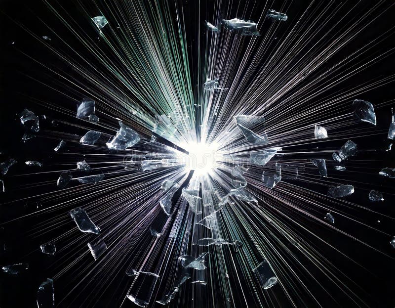 Shattered Glass Pieces Exploding from Bright Light Source on Black ...