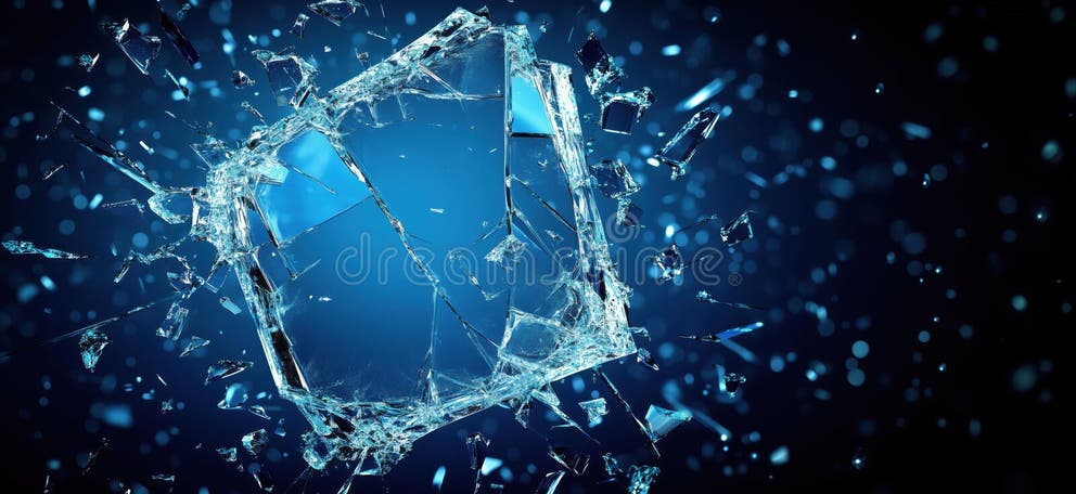 Shattered Glass Pieces Exploding in Dynamic Motion Against a Blue ...
