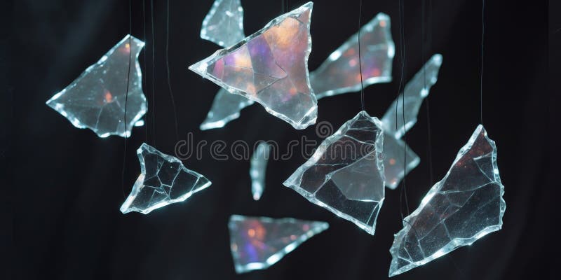 Shattered Glass Pieces Floating in Dark Space Reflecting Light. Stock ...