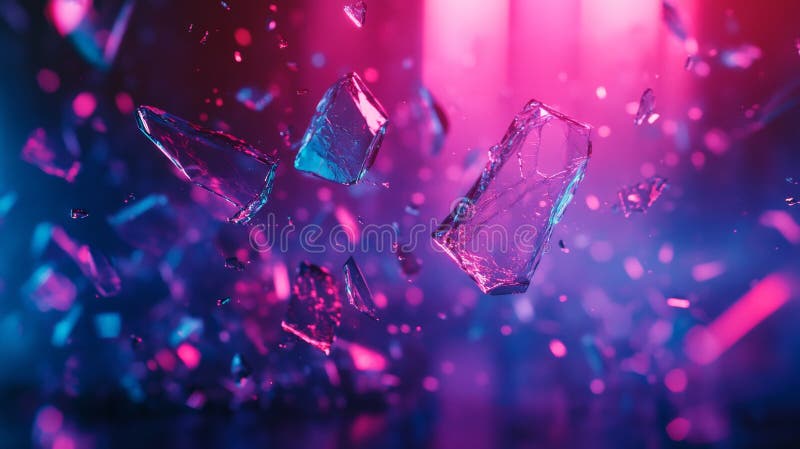 Shattered Glass Pieces Floating in Neon Light Stock Illustration ...
