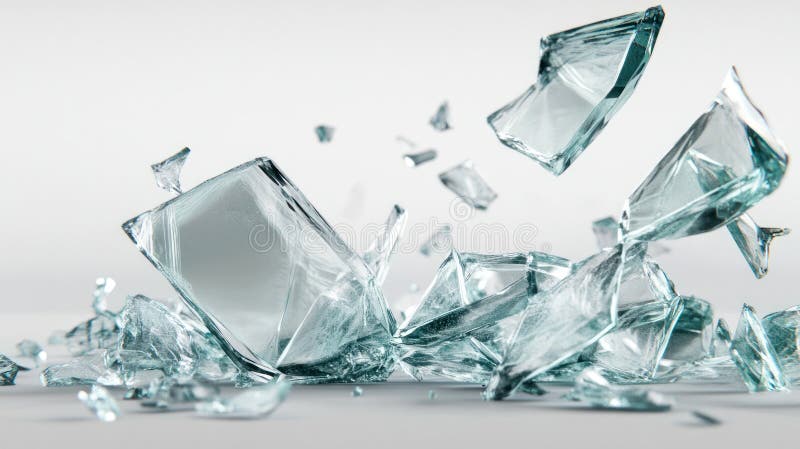 Shattered Glass Pieces Flying in the Air on White Background Stock ...