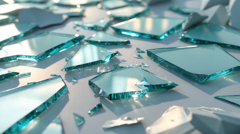 Shattered Glass Pieces Reflecting Light and Shadows on a White Surface ...