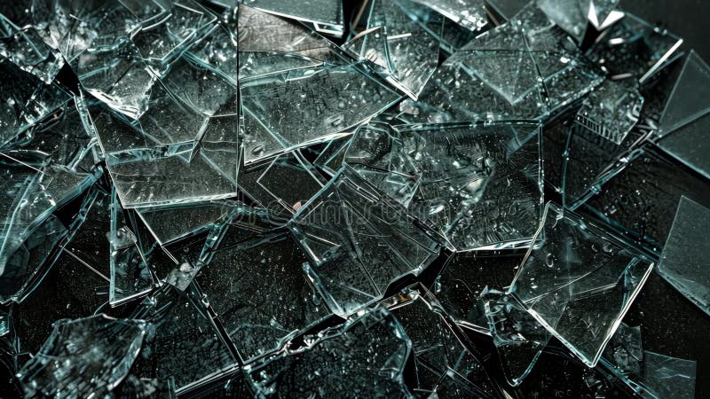 Shattered Glass Pieces Scattered Across a Dark Surface in a Dramatic ...