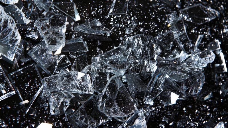 Shattered Glass Pieces Scattered on Black Surface for Abstract Design ...